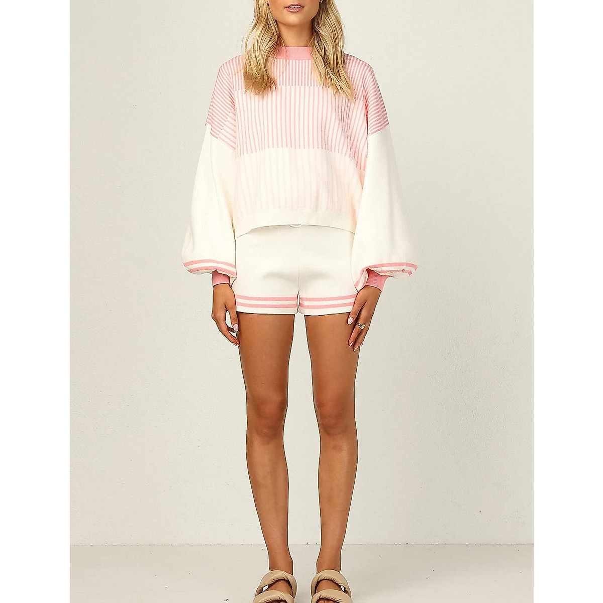 VDWIP Women's Casual Striped 2 Piece Knitted Outfits Crewneck Wide Leg Pullover Knit Shorts Sweater Set (White-M)
