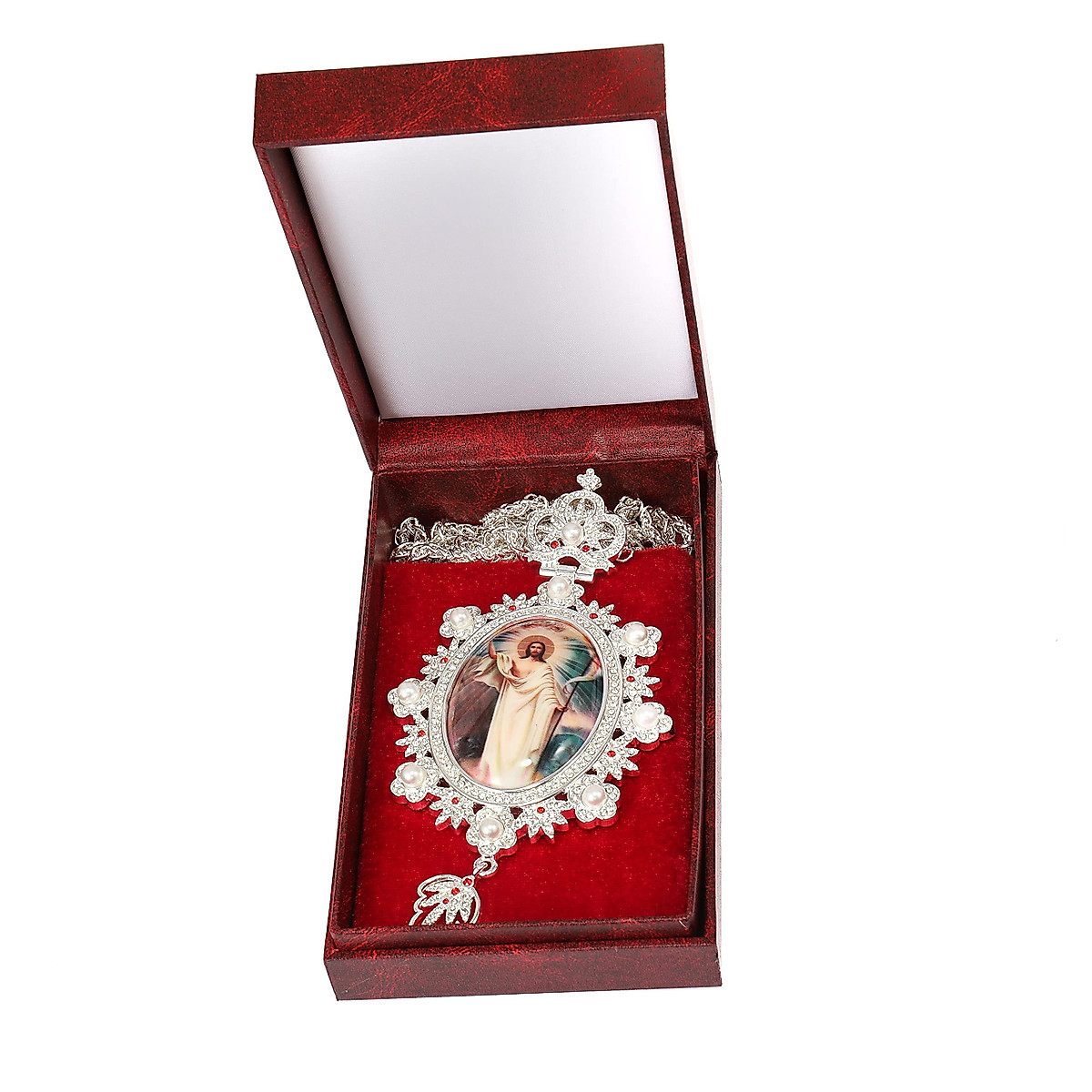 Nazareth Store Resurrection Clergy Pectoral Cross Bishop Relic Pendant Crystallized Rhinestones Christian Church Ornament (Silver)