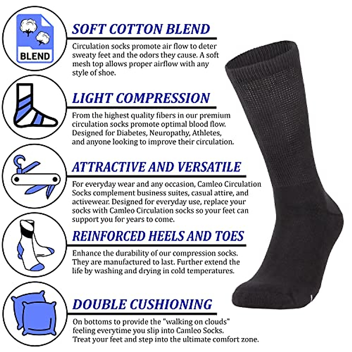 Camleo Black Diabetic Socks for Men, Crew Length Non-Binding Medical Compression Socks with Wide Calves for Diabetes Neuropathy Pain Relief (3 Pairs) (MEDIUM)