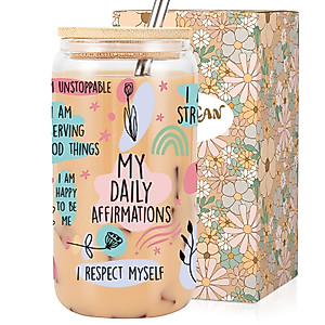 LEADO My Daily Affirmations Cups, 16 oz Glass Cups with Lids and Straws - Mental Health Gifts, Mindfulness Gifts, Inspirational Gifts for Women, Christmas, Birthday Gifts for Female Friends