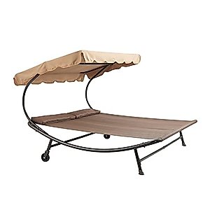 5-Star Compatible Ink Double Chaise Lounge Bed with Adjustable Canopy and Pillow and Wheels, Extra Large Patio Hammock Bed for Garden, Lawn, Backyard, Courtyard, 6.6'L x 6.5'W, Brown
