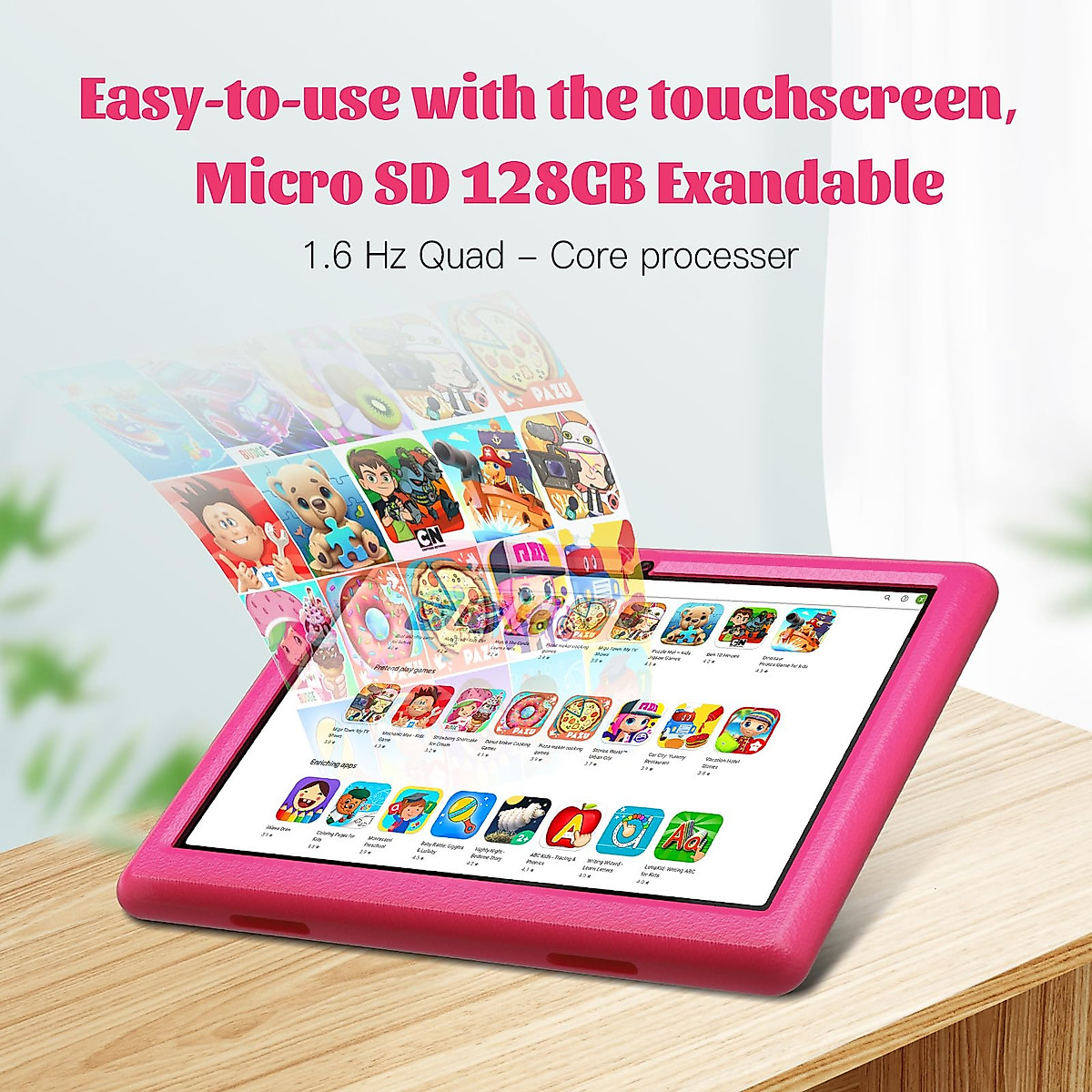 Paxodo Kids Tablet 10.1 inch, 32GB ROM Android 12 Tablet PC IPS HD 5000mAh Kid-Proof Case Tablets (Pink)