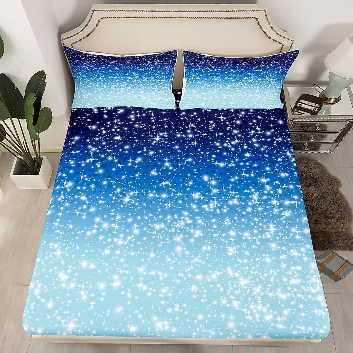 Erosebridal Blue Galaxy Bed Sheets Twin Pastel Dark Blue Ombre Bedding Set,Navy Blue Ombre Fitted Sheet for Kids Boys Girls Teens Bedroom Dorm,Sparkle Glitter Stars Bedding Sets 1 Pillow Case