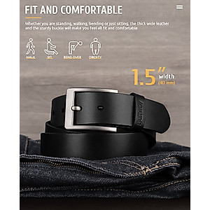 Buffway Minimalist 1.5" Full Grain Leather Belts for Men with Metal Buckle, Heavy Duty Mens Casual Belts in Gift Box- 38” Black