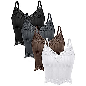 4 Pcs Lace Y2k Tank Tops Fairy Grunge Clothes Y2k Crop Tops Lace Patchwork Tops Cami Ribbed Knitted Tank Tops for Women (Black, White, Skin, Gray, Large)