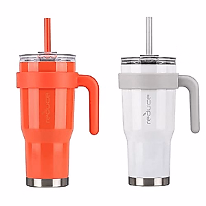 REDUCE 40 oz Mug Tumbler, Stainless Steel with Handle - BPA Free - (Red and White)