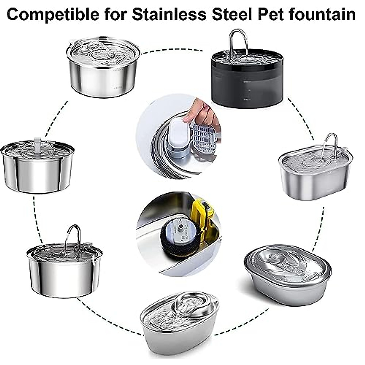 Cat Water Fountain Filters Pet Fountain Filter Replacement Filters Compatible Stainless Steel 2L/67oz, 3.2L/108oz Adjustable Water Flow, 8 Cat Fountain Replacement Filters with 8 Pre-Filter Sponges