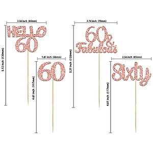 Gyufise 24Pcs Rose Gold Glitter 60th Birthday Cupcake Toppers Hello 60 Sixty Cake Toppers 60 & fabulous Cupcake Picks 60th Birthday Cake Decorations Supplies
