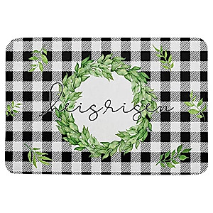 Easter Indoor Doormat Low Pile Welcome Mat - 18 x 30 Inches Spring Green Leaf Wreath Black White Buffalo Plaid - Sponge Rounded Corners Shoes Scraper Rugs for Entrance Bathroom