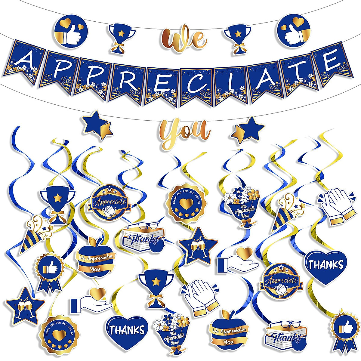 VitalCozy 39 Pcs We Appreciate You Banner Decorations Thank You Banner Hanging Swirls and Banners Blue Gold Employee Appreciation Decorations for Staff Teacher Retirement Doctor Nurse Photo Backdrop