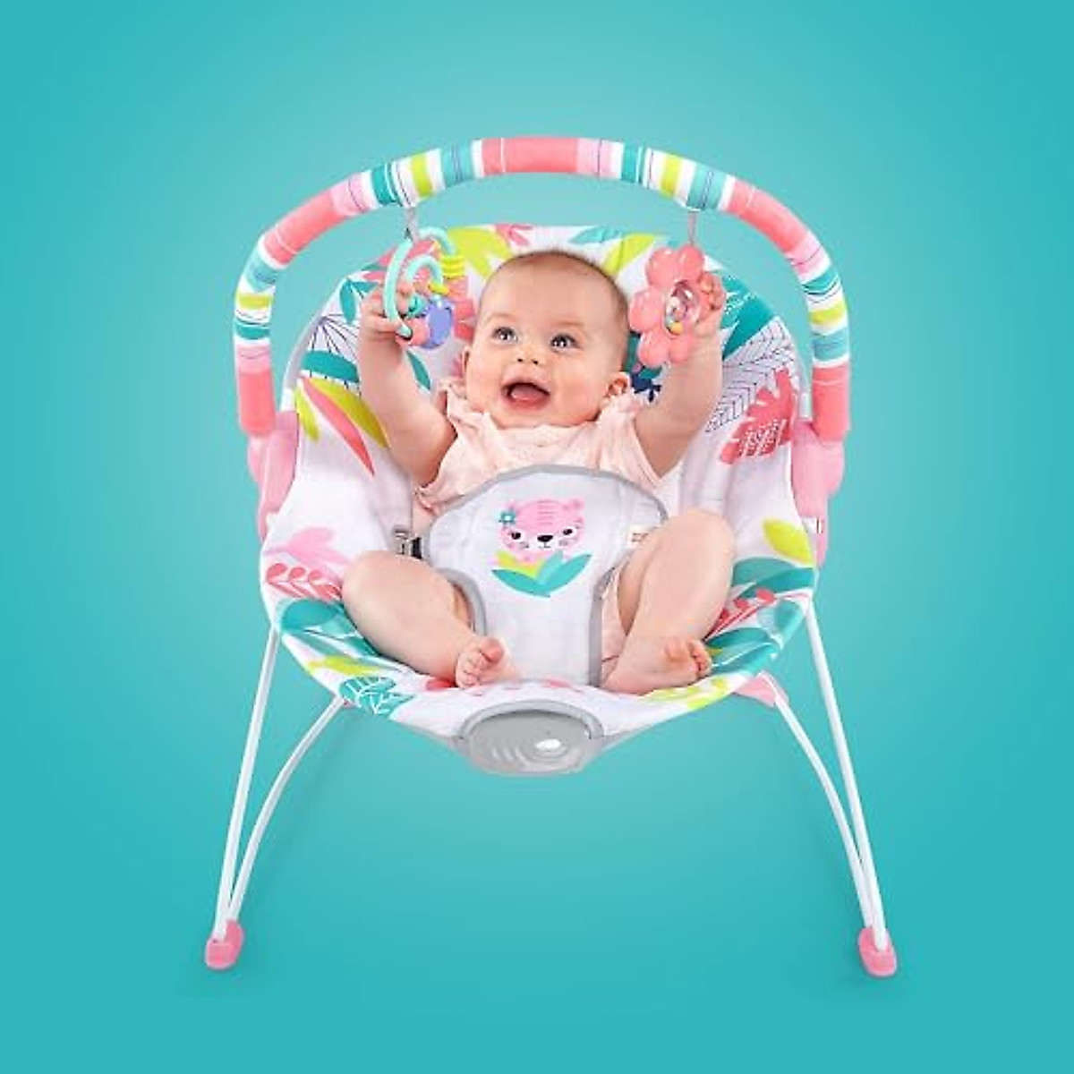 Bright Starts Baby Bouncer Soothing Vibrations Infant Seat - Removable-Toy Bar, Nonslip Feet, 0-6 Months Up to 20 lbs (Flamingo Vibes, Pink)