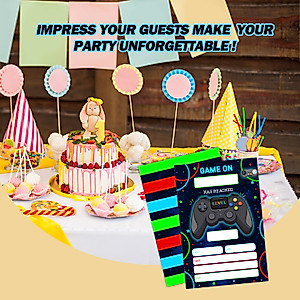 Neon light Arcade Party Invitations for Kids, Kids Game On Video Game Birthday Invitation Cards, Birthday Invites for Boys Teen, Kid's Party Decoration Supplies, 20 Invitations with Envelopes - JY606