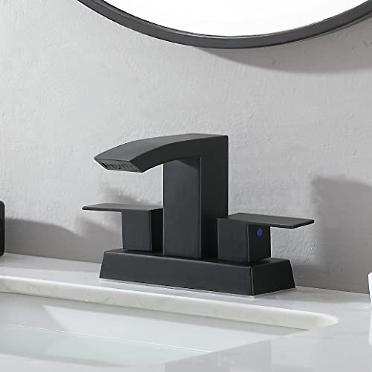 Friho Extra Large Rectangular Spout 4 Inch Two Handle Centerset Matte Black Bathroom Faucet,Waterfall Bathroom Sink Faucet Lavatory RVs Vanity Faucets for Sink 3 Hole with Water Hoses and Pop up Drain