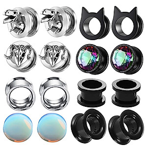 8 Pairs CZ Gems Ear Tunnels Plugs Gauges Stainless Steel Tyrannosaurus Expander Stretcher Piercings Opal Glass Silicone Black Dinosaur (6mm=2g)