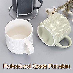 Hasense Stackable Porcelain Coffee Mugs Set of 4 with Metal Stand, 15 Ounce Embossed Cappuccino Cups for Specialty Coffee Drinks and Tea, Multi Color