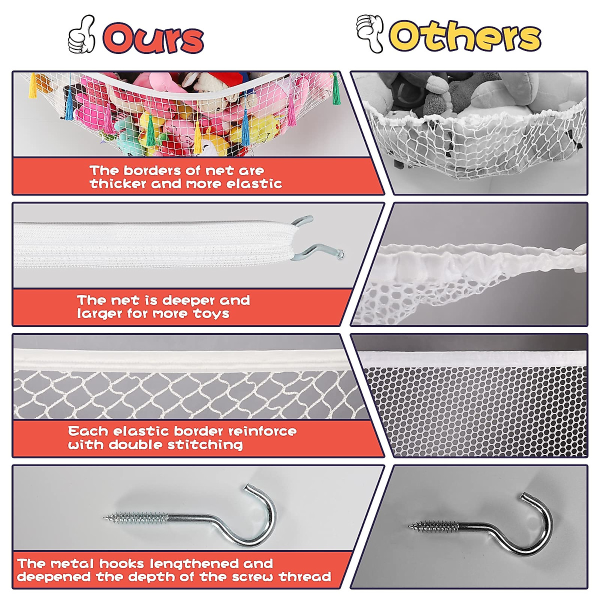 Stuffed Animal Net, Toy Storage Hammock, Premium Plush Hanging Stuff Animals Organizer, Mesh Pet Net with 12pcs Colorful Tassels for Nursery Play Room Bedroom Kid Room(Large, White)