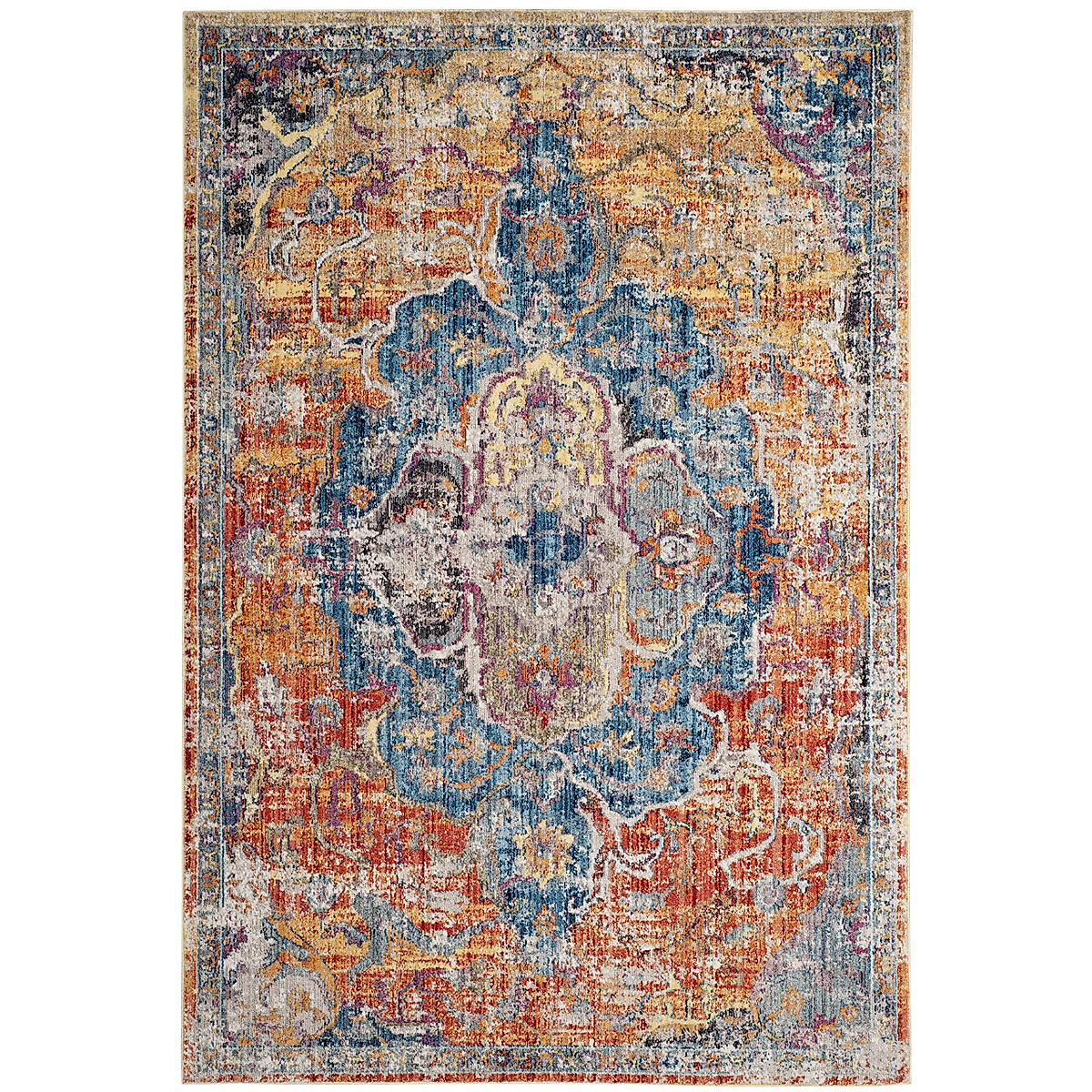 SAFAVIEH Bristol Collection Area Rug - 10' x 14', Blue & Orange, Boho Chic Medallion Distressed Design, Non-Shedding & Easy Care, Ideal for High Traffic Areas in Living Room, Bedroom (BTL350S)