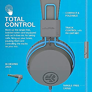 JLab JBuddies Studio On-Ear Kids Wired Headphones | Toddler Headphones | Kid Safe | Studio Volume Safe | Volume Limiter | Folding | Adjustable | Noise Isolation | with Mic (Graphite/Blue)