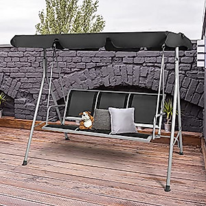 Vilobos Outdoor Patio Swing Chair, 3-Seater Porch Swing Bench with Adjustable Canopy and Duracble Metal Stand, Swing Set for Backyard, Porch and Garden, Black
