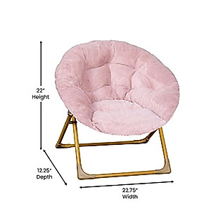 Flash Furniture Gwen Oversize Folding Saucer Chair - Blush Faux Fur Moon Chair - Soft Gold Metal Frame - 23" Portable Folding Chair - For Dorm and Bedroom