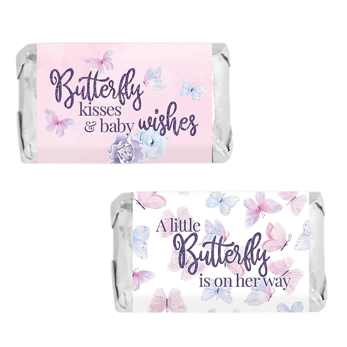Butterfly Girl Baby Shower Mini Chocolate Candy Bar Wrappers, A Little Butterfly is on Her Way, It's a Girl Pink and Purple Party Favor Stickers - 45 Labels