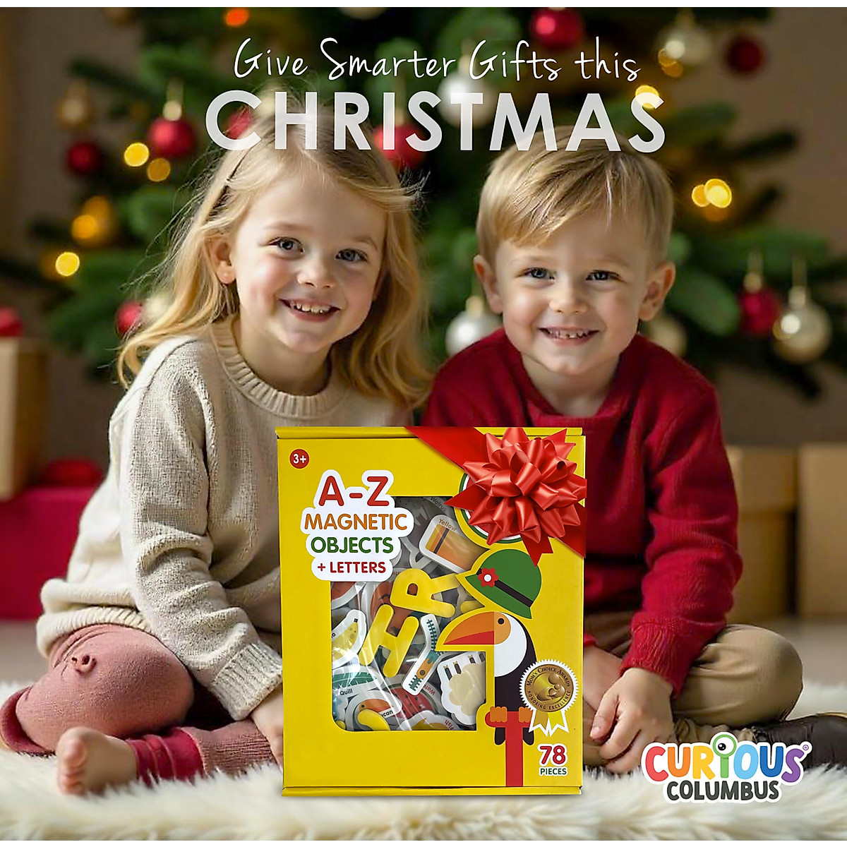 Curious Columbus Magnetic Objects and Letters. Set of 78 Foam Magnets Including 52 Pictures and 26 Uppercase Alphabet Magnets from A-Z. Best Educational Toy for Preschool Learning