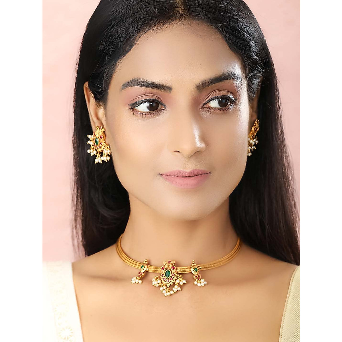 Priyaasi Indian Choker Jewelry Set for Women | Festive Kemp Stone Jewellery | Peacock-Inspired Design | Gold-Plated | Brass Metal | Pearl Drop | Indian Bridal Jewelry Set for Wedding