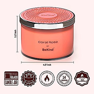 Bekind Large Jar Candles - 3-Wick Scented Candle for Home, Energy Candle Aromatherapy, Natural Soy Wax and Air Freshener Fragrance, Perfect Birthday Gifts for Women, Best Friend - 14oz(Coral Rose)