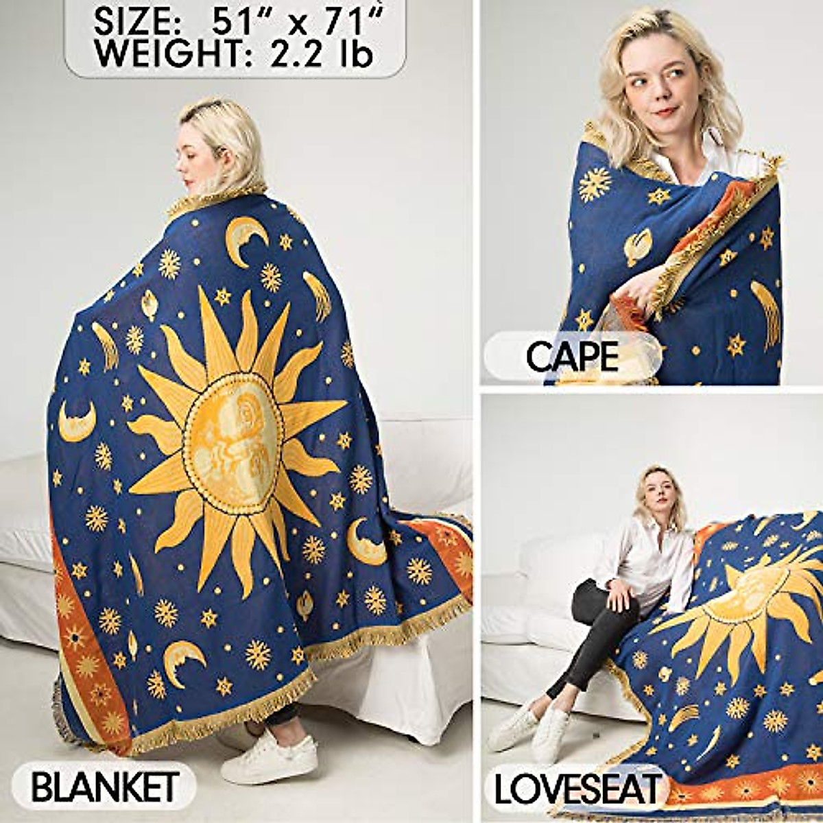 MayNest Sun And Moon Stars Hippie Throw Blanket Celestial Tapestry Double-sided Reversible Woven Cotton Home Decor Bedding Chair Couch Recliner Cover Loveseat Rug Oversized Tassels Blue Yellow (71x51)