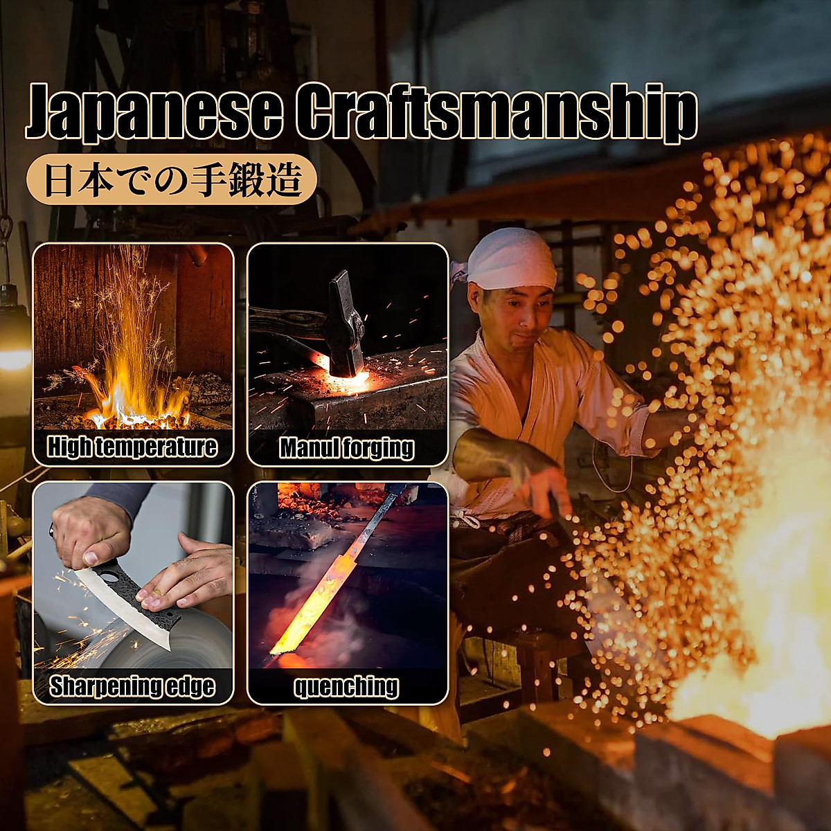 Huusk Knives Japan, Hand Forged Meat Cleaver Knife with Sheath, High Carbon Steel Kitchen Knife for Meat and Vegetables, Full Tang Butcher Knife for Camping, BBQ, Gift for Men Women