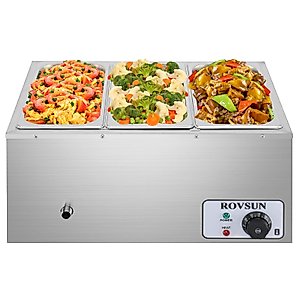 ROVSUN 21QT Electric Commercial Food Warmer, 110V 3-Pan Stainless Steel Bain Marie Buffet, 6.9 QT/Pan Stove Steam Table with Temperature Control & Lid for Parties, Catering, Restaurants