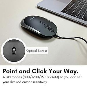 Macally Silent Wired Mouse - Slim & Compact USB Mouse for Apple Mac or Windows PC Laptop/Desktop - Designed with Optical Sensor & DPI Switch - Simple & Comfortable Wired Computer Mouse (Space Gray)