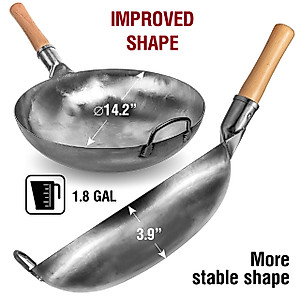 YOSUKATA Silver Round Bottom Wok Pan – 14" Woks and Stir Fry Pans + Cast Iron Wok Cover - Premium Wok Cover 14 inch Pan Lid + Wok Spatula and Ladle - Set of 2 Heat-Resistant Wok Tools