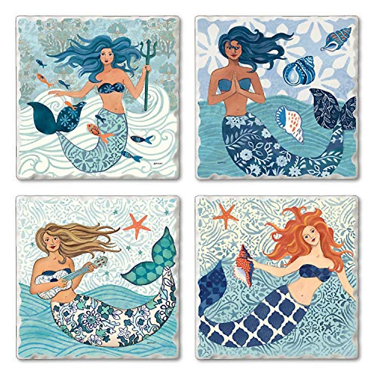 Thirstystone Mermaid Island Multi-Image Absorbent Stone Tumbled Tile Coaster 4 Pack with Protective Cork Backing Manufactured in The USA