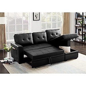 INFINI FURNISHINGS Reversible Faux Leather Pocket Sleeper Sofa in Black