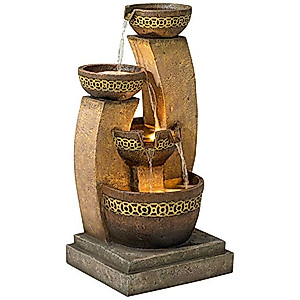 Four Bowl Modern Rustic Outdoor Cascading Floor Water Fountain with LED Light Faux Stone 41" for Yard Garden Patio Backyard Deck Home Lawn Porch House Exterior Balcony - John Timberland