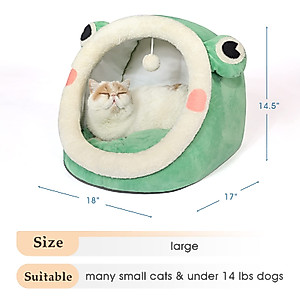 Jiupety Cute Cat Bed, Indoor Lovely Crystal Velvet Igloo for Cat and Small Dog, Warm Cave Sleeping Nest Bed for Puppy and Kitten, Green Frog, L.
