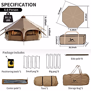 MC TOMOUNT Canvas Tent Bell Tent 16.4ft*High9.2ft with Stove Jack for Glamping Family Camping Zipped Removable Floor