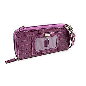 WalletBe Women's Leather RFID Zipper Double Accordion Clutch Wallet with Wristlet Croco Purple