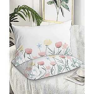 Edwiinsa Spring Floral Pillow Covers Standard Size Set of 2 20x26 Bed Pillow, Watercolor Colorful Summer Flowers Plush Soft Comfort for Hair/Skin Cooling Pillowcases with Envelop Closure
