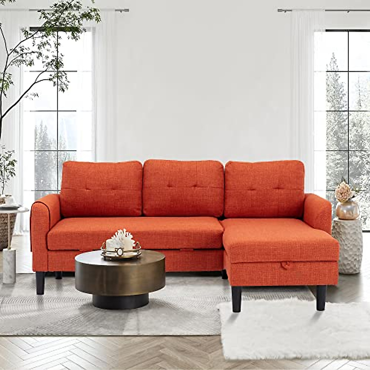 Hdxdkog L-Shaped Sectional Sofa with Pull-Out Bed 72" Sectional Sleeper Sofa Bed with Storage Chaise Lounge and Pocket, Upholstered Corner Couch for Living Room Home Office (Orange)