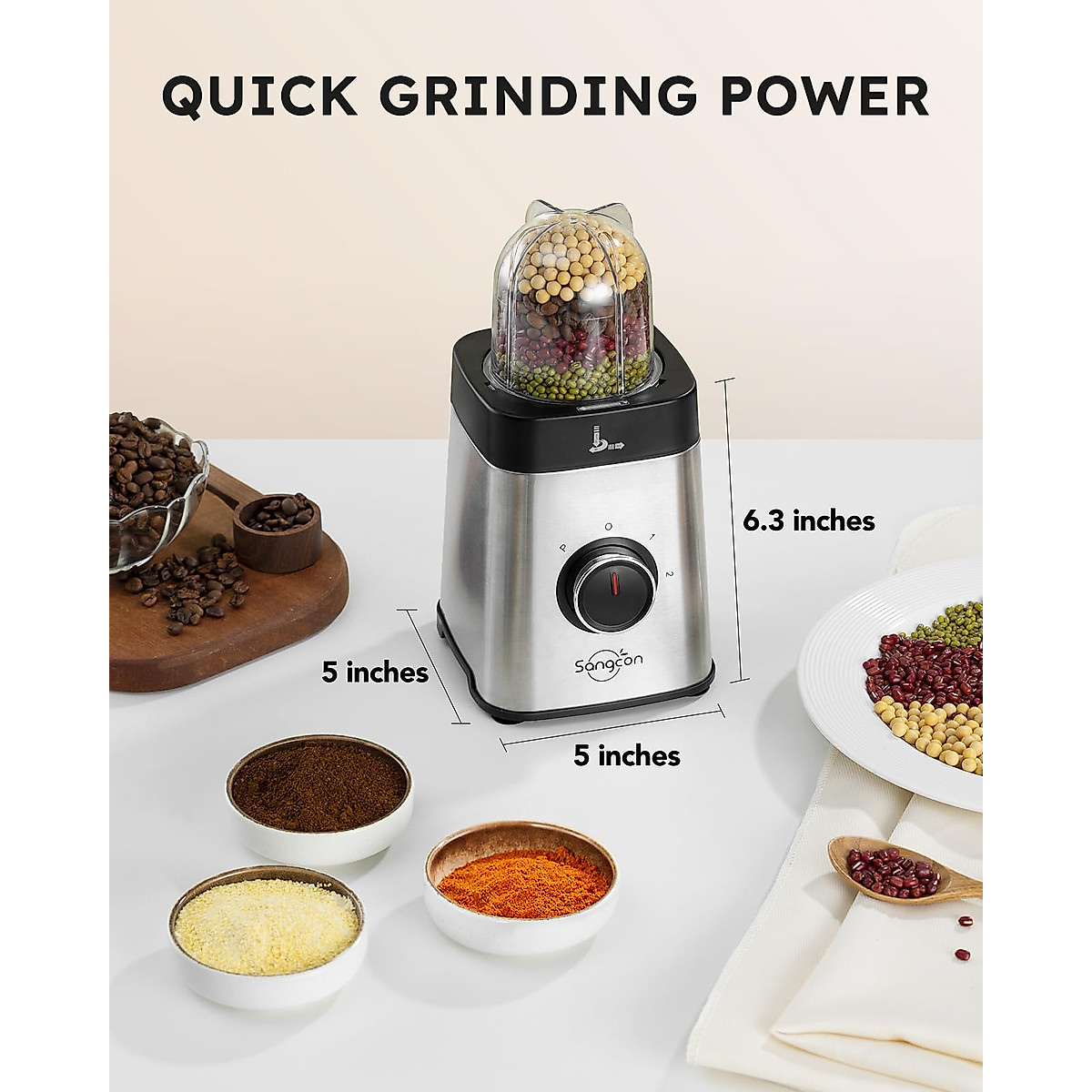 Sangcon Blenders and Food Processor Combo for Kitchen, 5 in 1 Blender for Shakes and Smoothies, Meat Chopped, Grinding & more, 40 oz Jar & 17oz Cup with To-Go Lid, Stainless Steel Silver