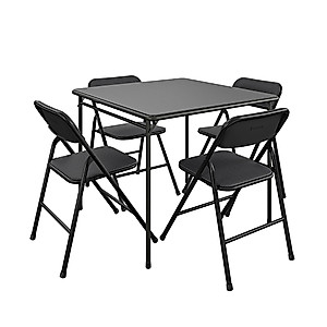 CoscoProducts COSCO Premium 5-Piece Table & Chair Dining Set, with 34" Vinyl Top Card Table and 4 Fabric Padded Seat & Back Folding Chairs, Black