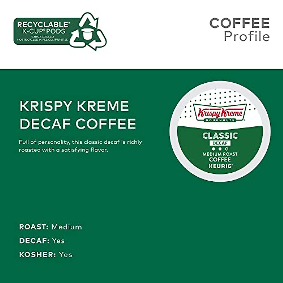 Krispy Kreme Classic Decaf, Single-Serve Keurig K-Cup Pods, Medium Roast Coffee Pods, 12 Count (Pack of 6)