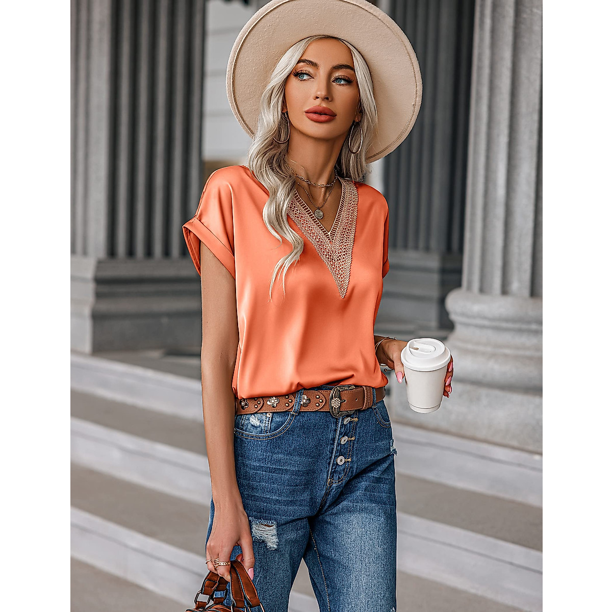 Chigant Womens Short Sleeve Satin Blouse Casual Silk Shirts V Neck Tunic Top Loose Silk Satin Top for Summer Orange