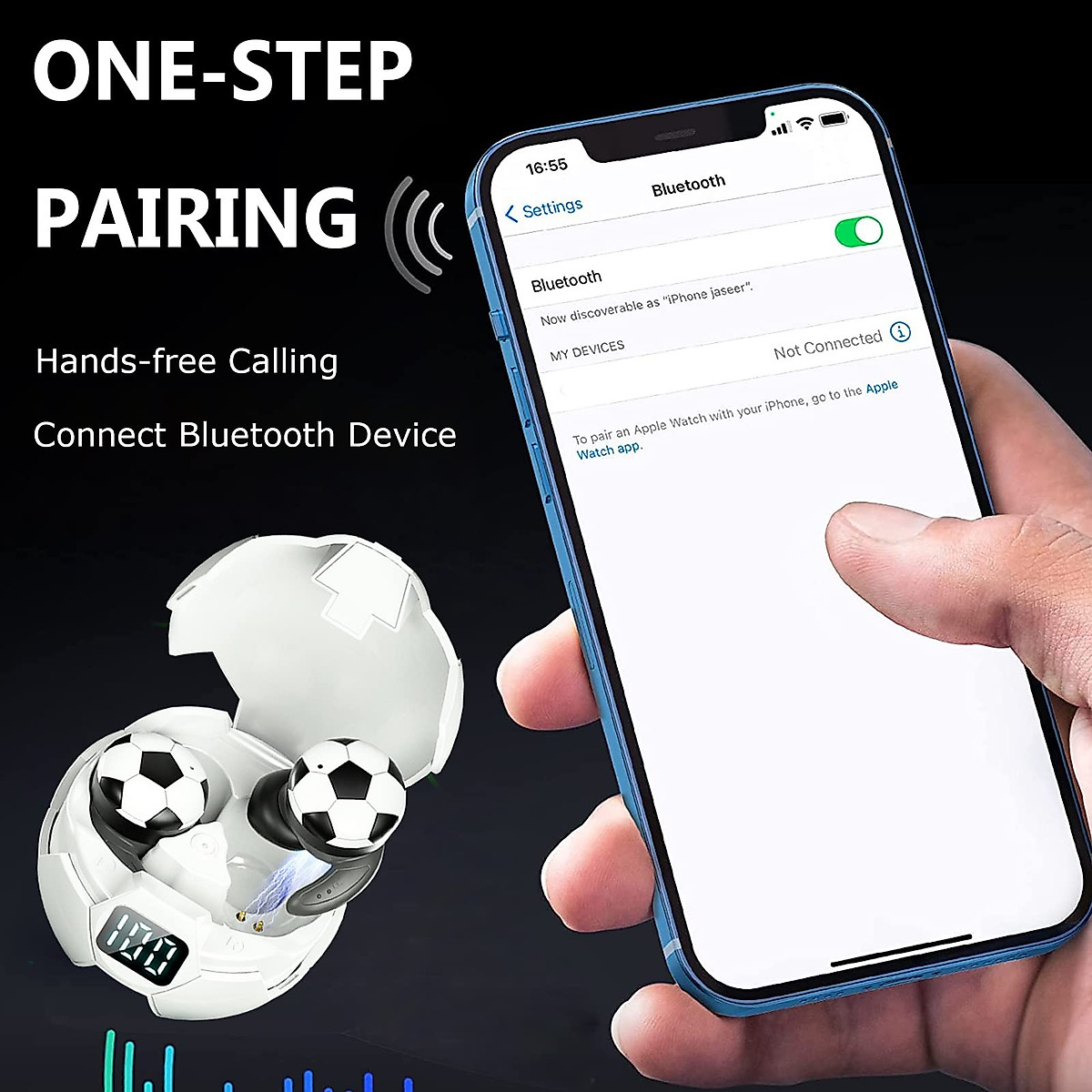 N/0 Soccer Bluetooth 5.1 Wireless Earbuds Sport Headphones IPX7 Waterproof Earbuds Headset with Charging Case Hands-Free Calling Deep Bass Stereo Ear Buds Noise Cancelling Earphones for Gym Running