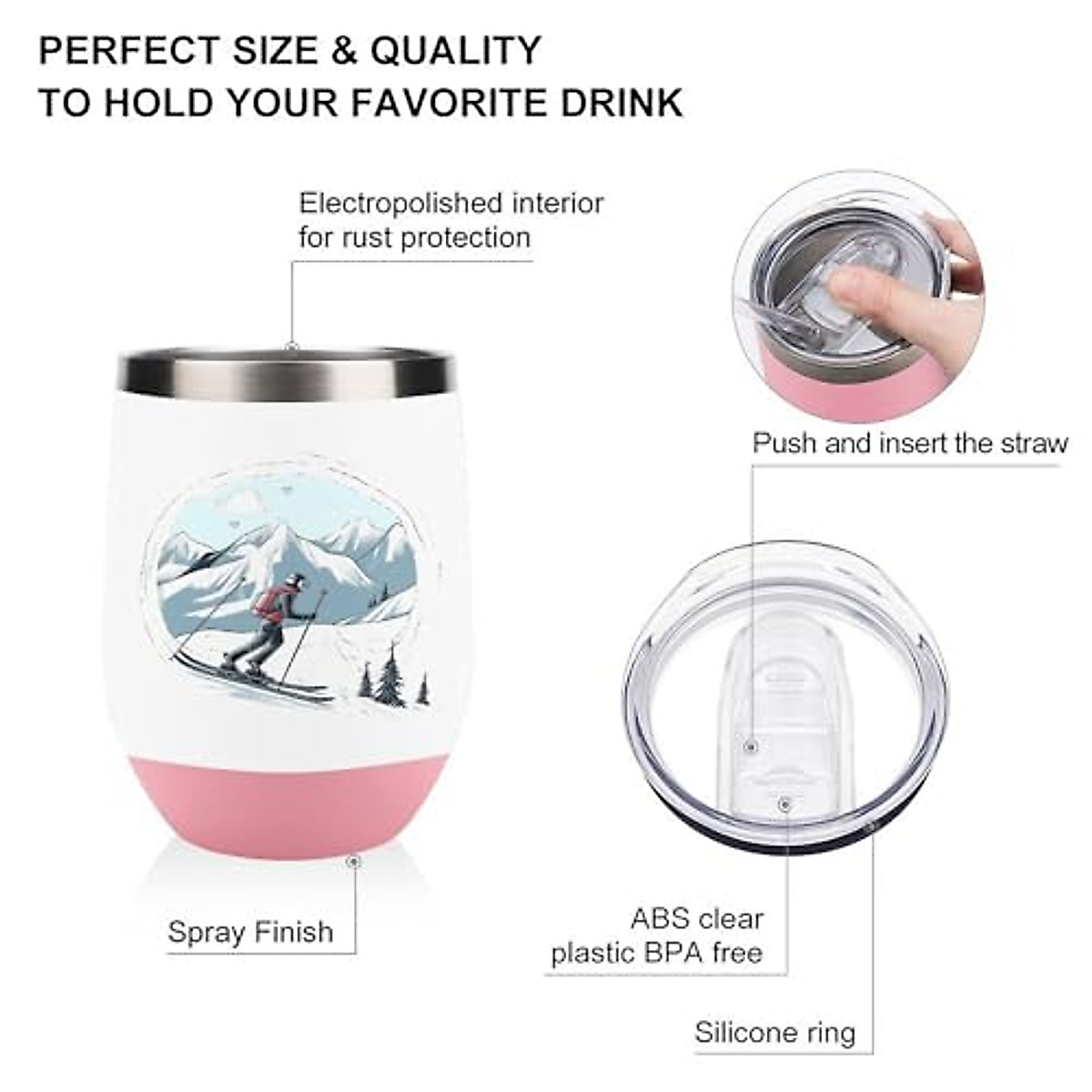 WYUSPGK 304 Stainless Steel Insulated Cup, Skiing Theme Print Smooth Rim, Durable & Reusable - Perfect for Office, Home, And Travel