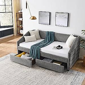 Flieks Twin Size Upholstered Daybed with Two Drawers, Linen Fabric Upholstered Sofa Bed, Wheeled Storage Daybed with Wood Frame, No Box Spring Needed, Gray