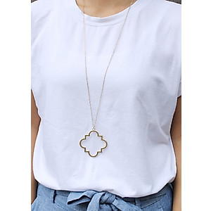POMINA Gold Fashion Long Chain Necklace Quatrefoil Necklace Two-Tone Clover Pendant Necklace Geometric Pendant Sweater Long Necklace for Women (Worn Gold)