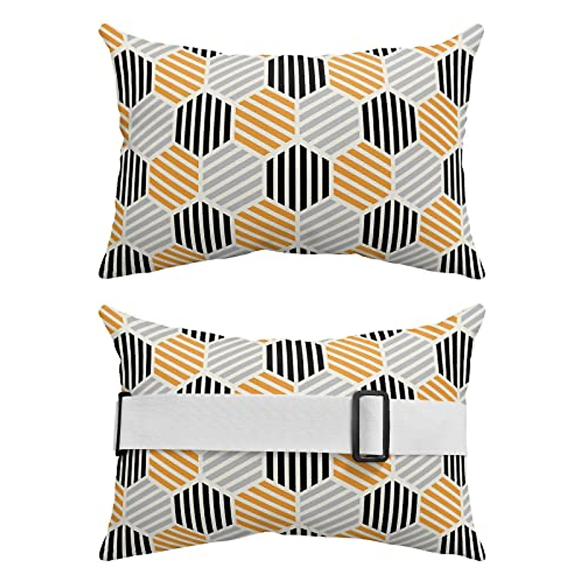 Recliner Head Pillow Ledge Loungers Chair Pillows with Insert Modern Art Orange Black Grey Hexagon Geometric Pattern Lumbar Pillow with Adjustable Strap Patio Garden Cushion for Bench Couch, 2 PCS